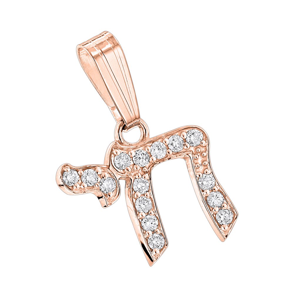Women Small 14K Solid Natural 0.1 Ctw Diamond Chai Pendant For Her (Rose Gold)
