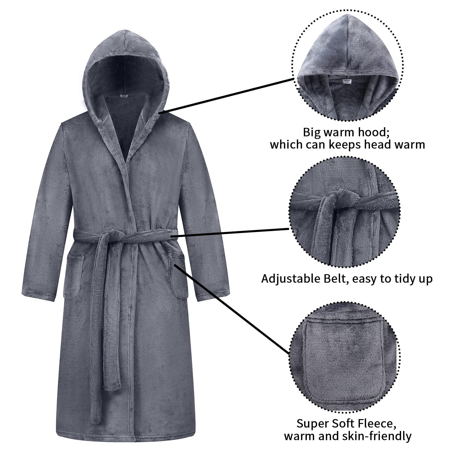 V.&GRIN Boys Fleece Robe, Hooded Toddler Soft Fuzzy Bathrobe for Kids 3-14 Years(Gray 9-10)