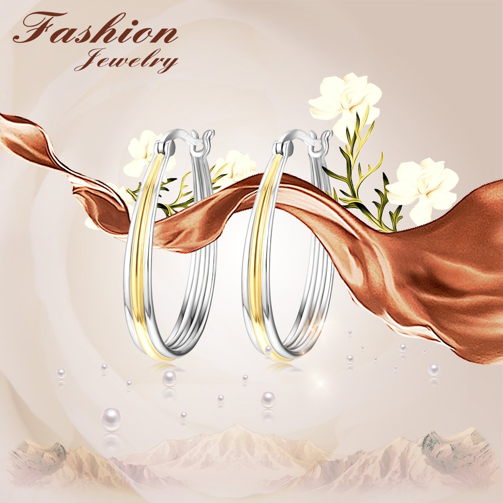 Two Tone Hoop Earrings for Women Gold And Silver Small Sterling Silver Oval Grooved Hoop Earrings Jewelry Gifts