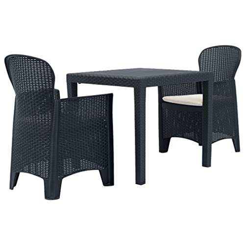 vidaXL 3 Piece Outdoor Bistro Set β Durable, Weather Resistant Plastic Patio Furniture with Rattan Look Design, Anthracite Color, Includes 1 Table and 2 Chairs