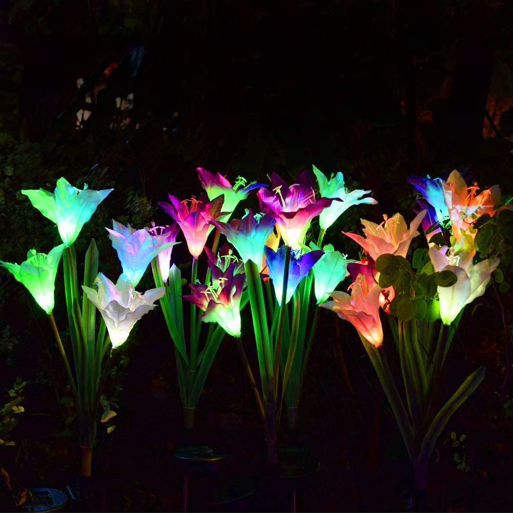 Wohome Outdoor Solar Garden Stake Lights,3 Pack Solar Powered Lights with 12 Lily Flower, Multi-Color Changing LED Solar Landscape Lighting Light for Garden, Patio