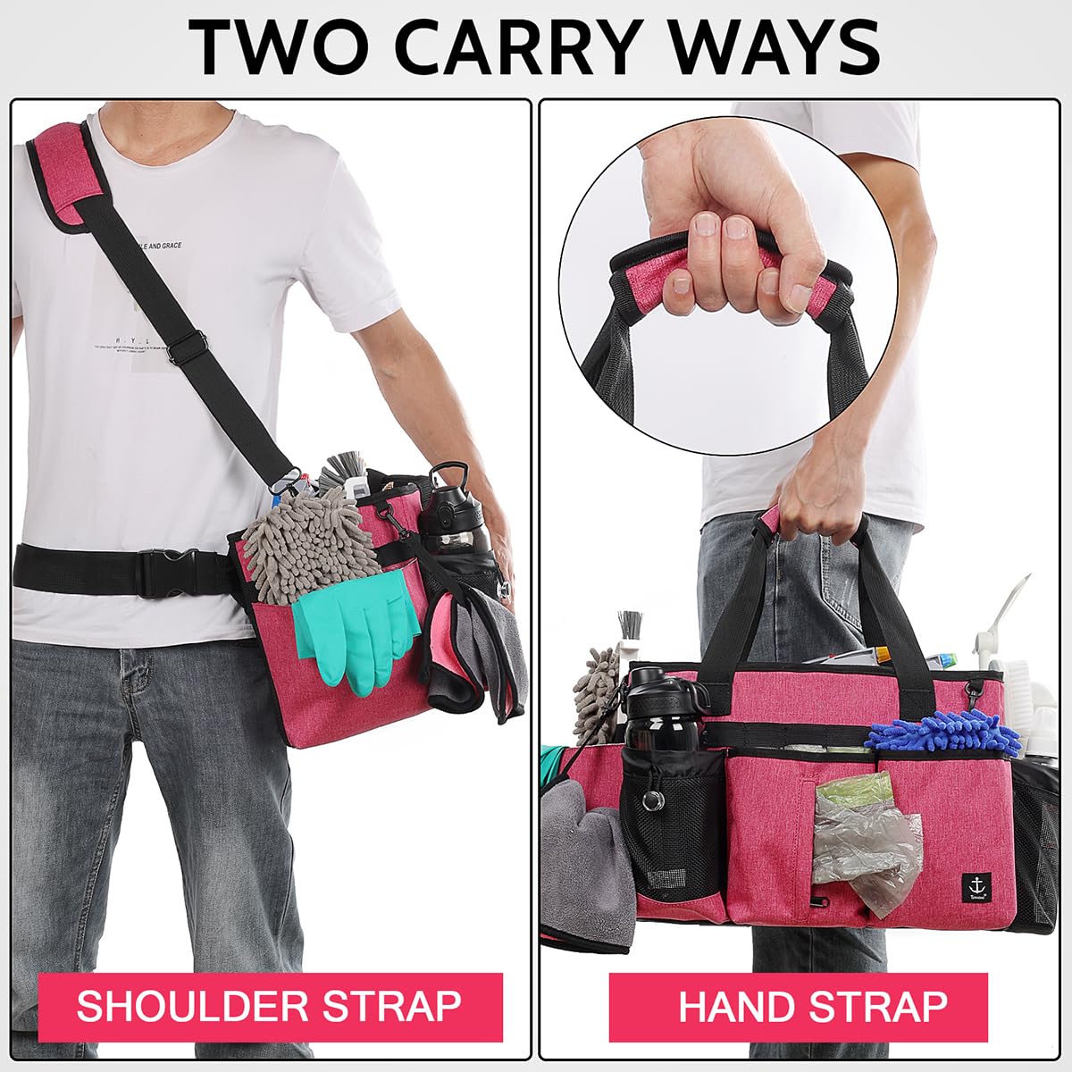 Timoxi Large Cleaning Caddy Bag Built-in Sturdy Support Board, Cleaning Organizer with Detachable Divider, Cleaning Supply Tote with Adjustable Shoulder Strap&Waist belt for Cleaners & Housekeeper