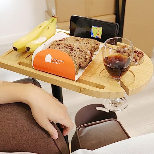 YUHFERA 360° Swivel Sofa Tray Table for Couch Arm - Height Adjustable End Table for Bed or Chair with Phone & Tablet Slots, TV Tray Table, Side Table Tray for Small Spaces(Bamboo)