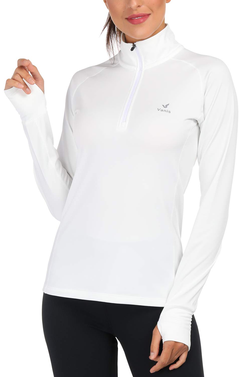Women's Yoga Jacket 1/2 Zip Pullover Thermal Fleece Athletic Long Sleeve Running Top with Thumb Holes (White, Medium)