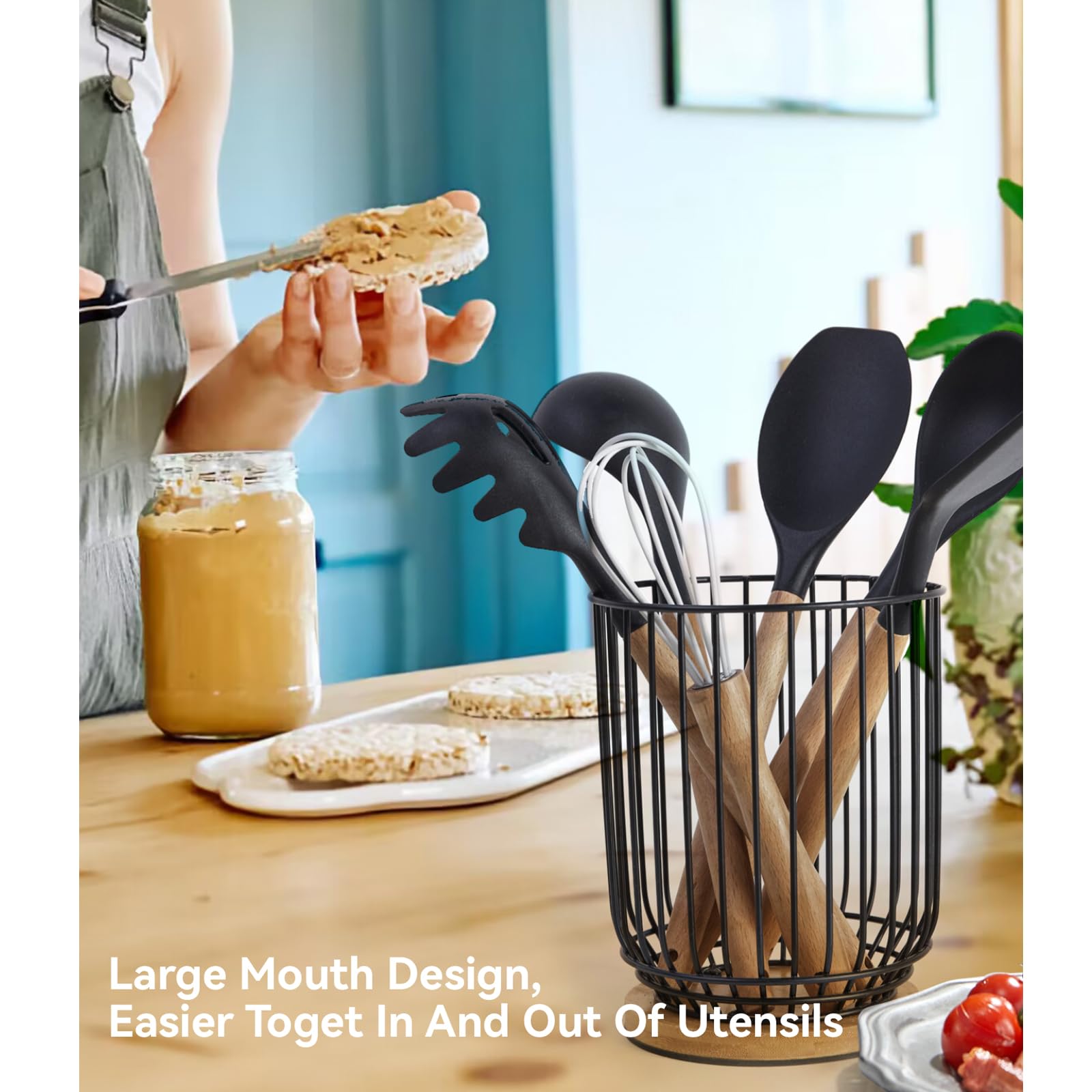 WDT Tool Utensil holder for Kitchen Counter,Large Utensils Holder For Farmhouse Cooking, Utensil Caddy Spatula Holder (Metal+Bamboo-1)