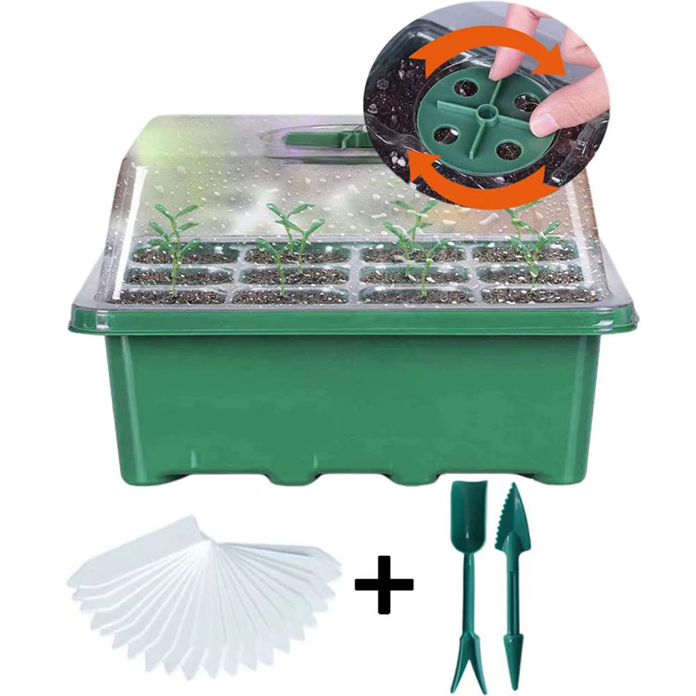YOOAEFRTY Seed Starter Tray with Grow Light, 3-Pack Seed Starter Kit Indoor Gardening Plant Germination Set with Humidity Dome and Base for Seeds Growing Starting (12 Cells per Tray)