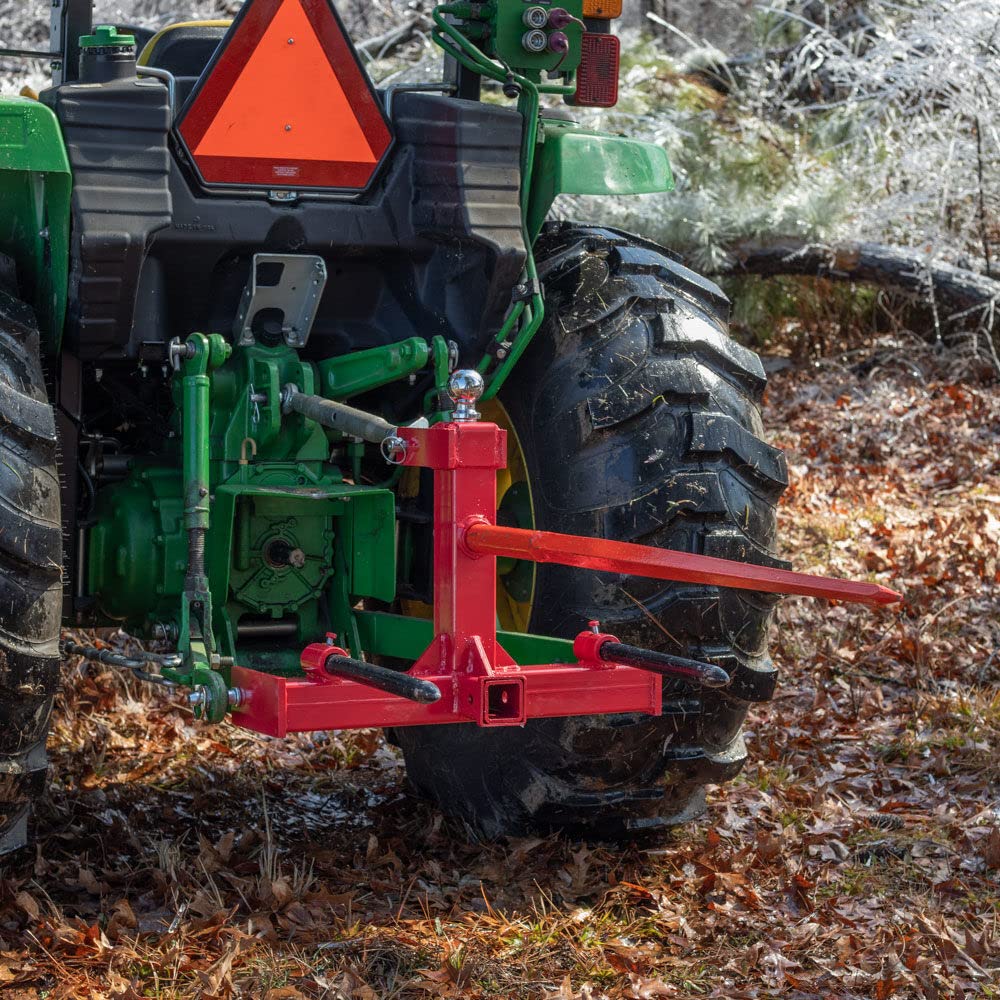 Titan Attachments 3 Point Gooseneck Tractor Trailer Hitch with 49" Hay Bale Spear and Stabilizer Spears, Fits Category 1 Tractors, Red Finish, 2" Receiver Hitch, 2" Gooseneck Ball