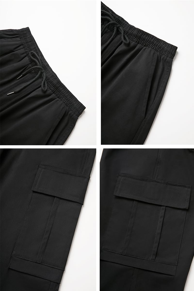 THWEI Mens Cargo Pants Casual Drawstring Joggers Cotton Work Sweatpants Outdoor Trousers Black S