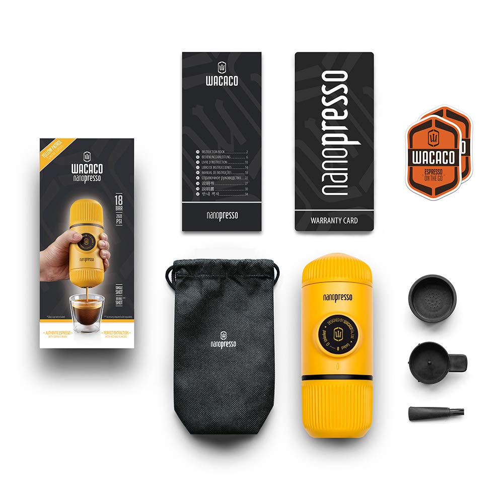 WACACO Nanopresso Portable Espresso Maker, Upgrade Version of Minipresso, 18 Bar Pressure, Mini Travel Coffee Machine, Manually Operated, Perfect for Camping and Hiking, Yellow
