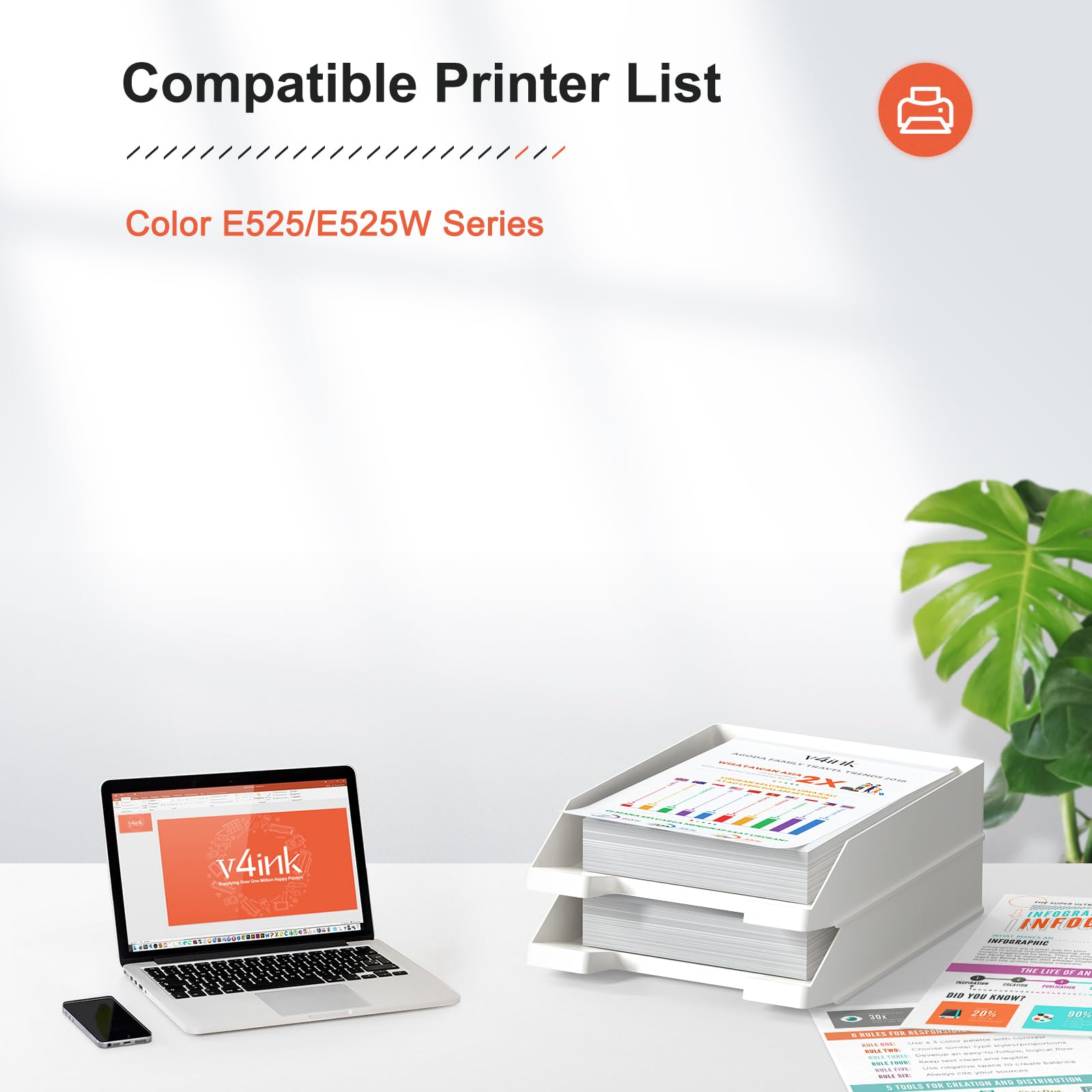 V4INK Compatible Toner Cartridge Replacement for Dell 525 E525 E525W (KCMY 4-Pack), for use in Dell E525w Wireless Color Printer for Dell 593-BBJX 593-BBJU 593-BBJV 593-BBJW