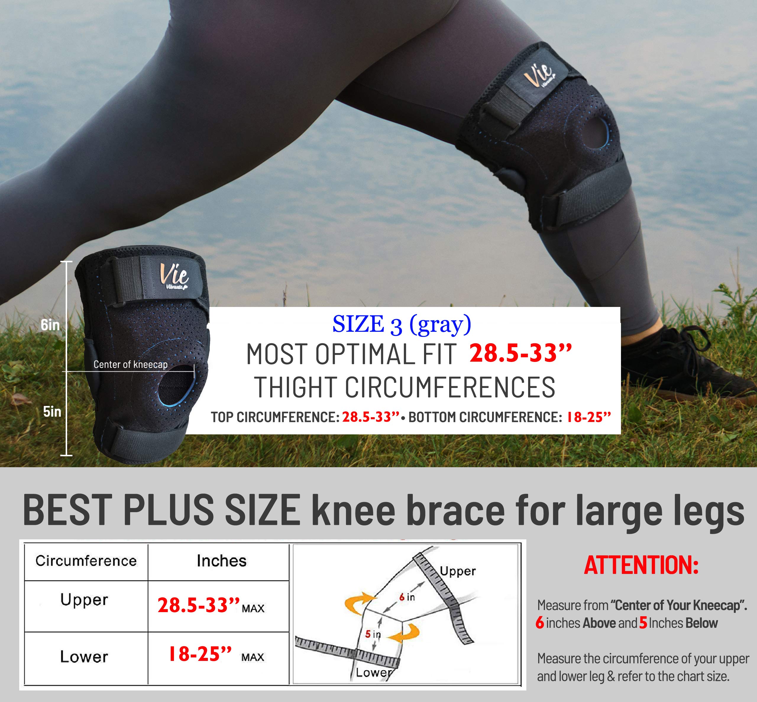 VieVibrante Plus Size Knee Brace Exclusive - Hinged Side Closing Design for Fast Easy Wearing. Designed for Plus Size Men and Women, Provides Great Stabilization, Support, Non Slip & Non Bulky 3