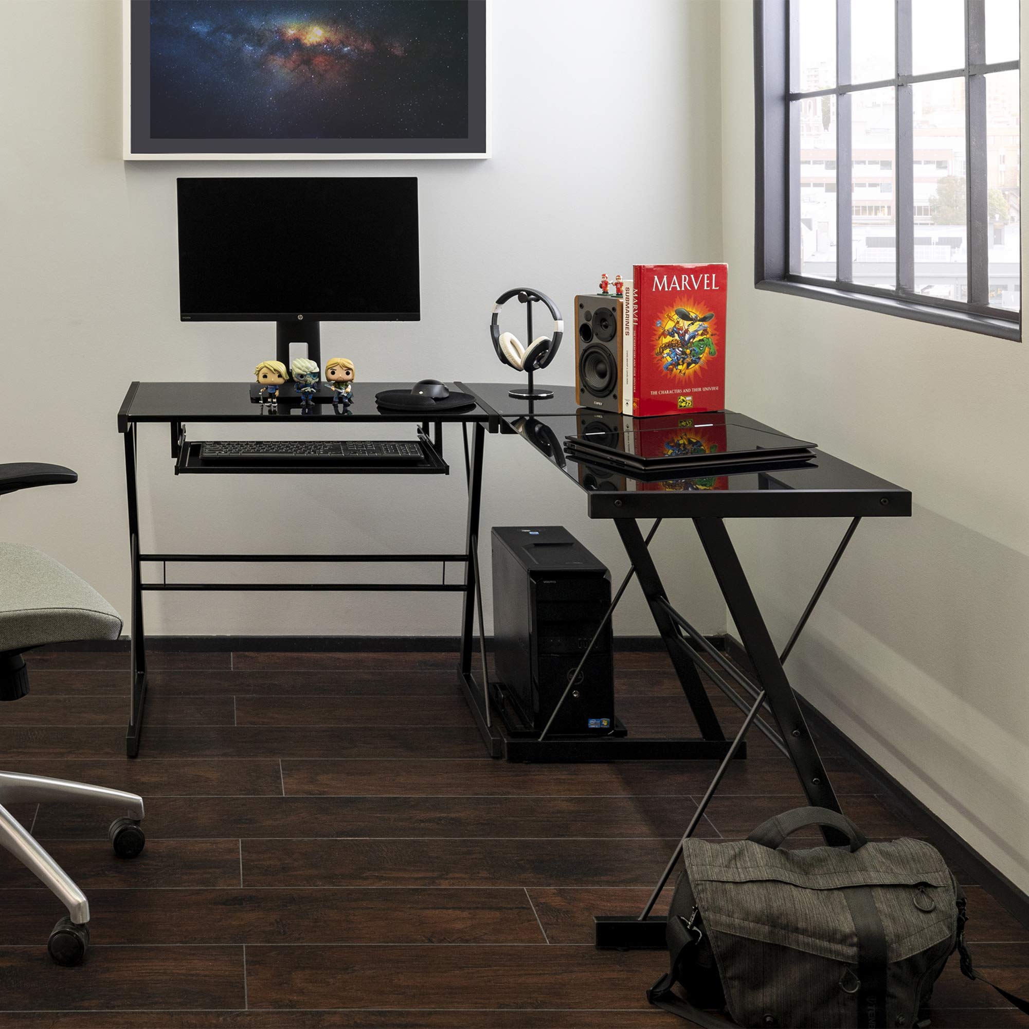 Walker Edison Soreno and Gaming Gamer Command Center Workstation Desk Home Office, Set of 2, Black