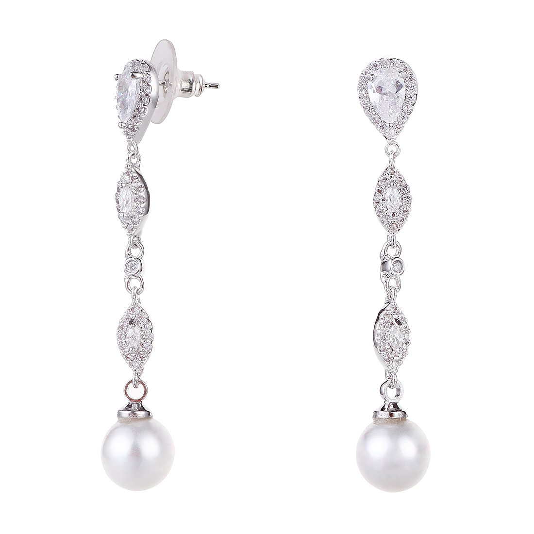 Wordless Love Pear CZ Long Wedding Earrings with Genuine Shell Pearl Drops Earrings