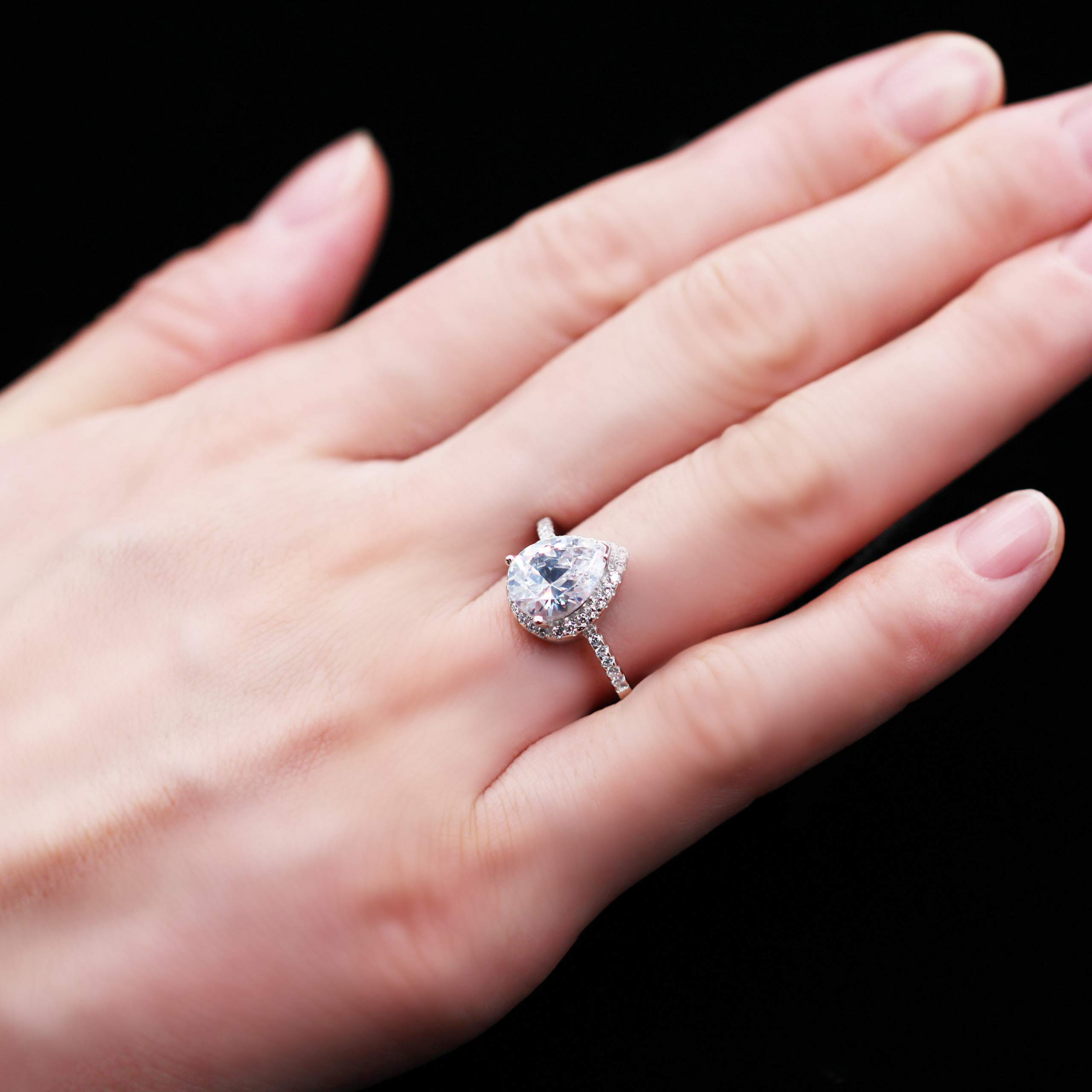 Uloveido 925 Sterling Silver Pear Shaped Ring Simulated Diamond CZ Halo Promise Engagement Ring for Her (White, Size 8) JZ116