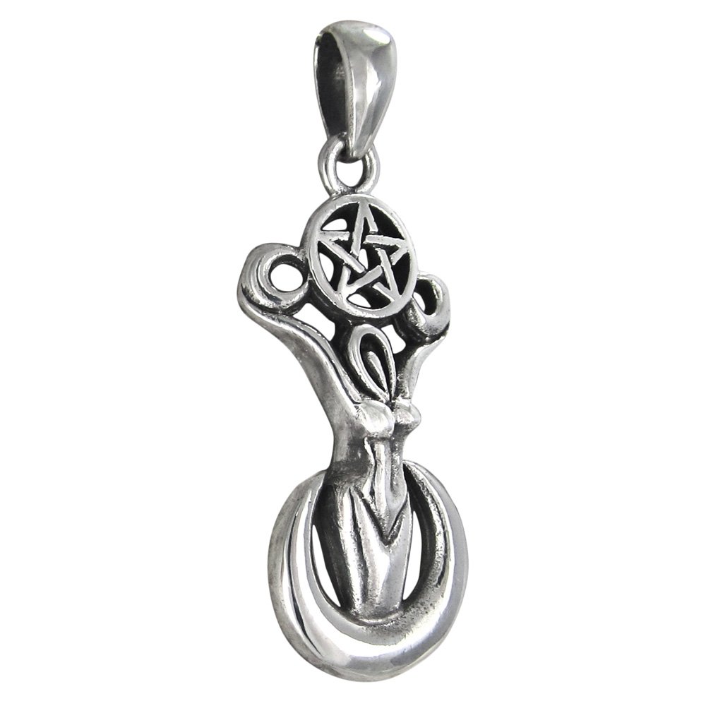 Triple Moon Goddess Pendant - Sterling Silver Wiccan Lunar Pentacle Women Jewelry