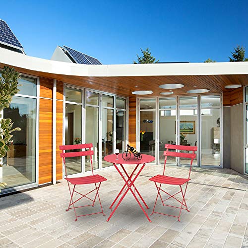 VINGLI Steel Patio Bistro Set, 3 Piece Folding Outdoor Patio Furniture Sets, Folding Patio Round Table and Chairs(Red)