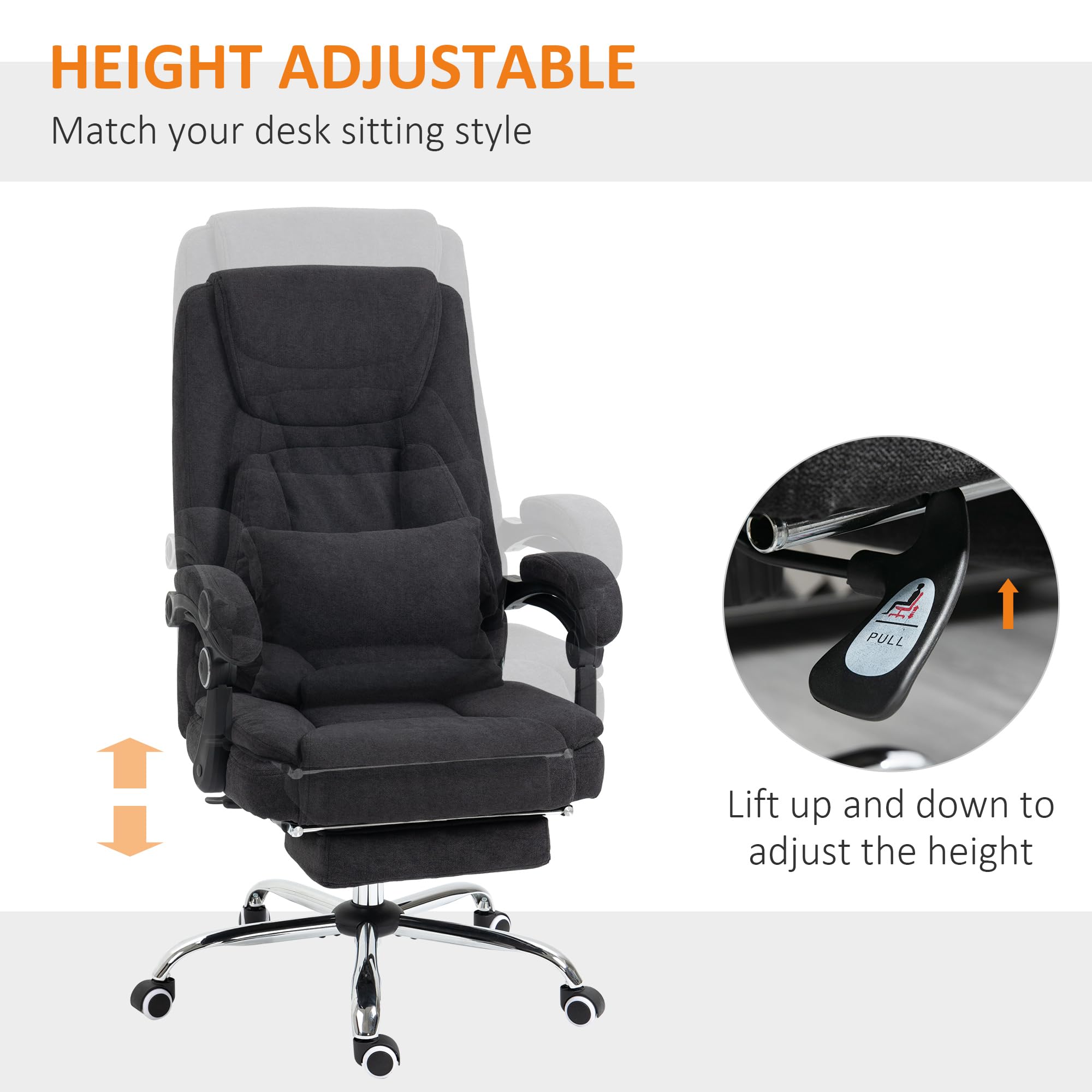 Vinsetto 3D Kneading Massage Office Chair with Reclining, Swivel Fabric Computer Chair with Footrest, Armrest, Black
