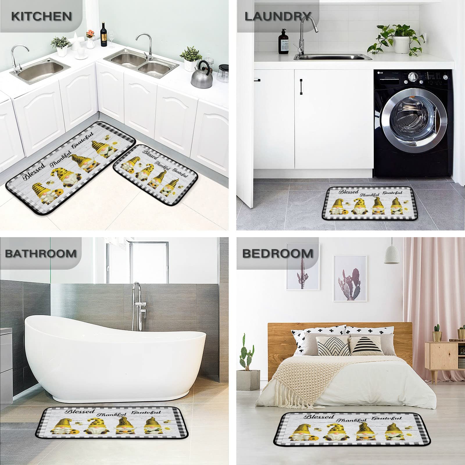 ZOEO Kitchen Mats Gnomes Set of 2 Bee Sunflower Farmhouse Floor Rug Memory Foam Shower Runner Absorbent Non Slip Light for Home Hotel Door Laundry Thick Soft Washable