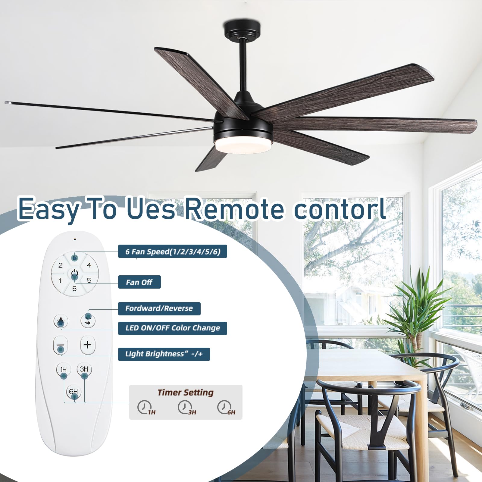 Viossn Ceiling Fans with Lights and Remote, 72 Inch Large Ceiling Fan with Light 7 Blades,Reversible, Dimmable, Outdoor Ceiling Fan with 20" Downrods for Bedroom Living Room Patio
