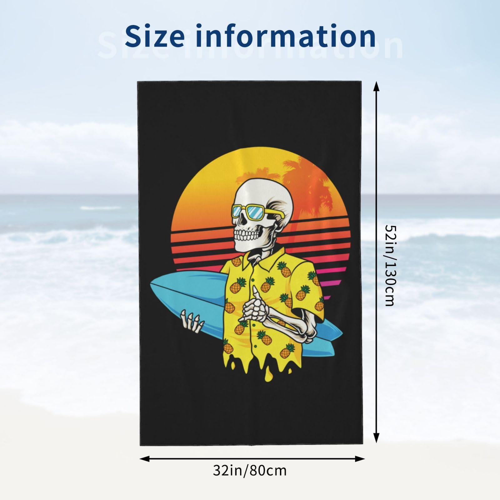 Zahika Summer Skull Surfing Beach Towel Absorbent Bathroom Towels Beach Towels Oversized Super β32x52 Inch