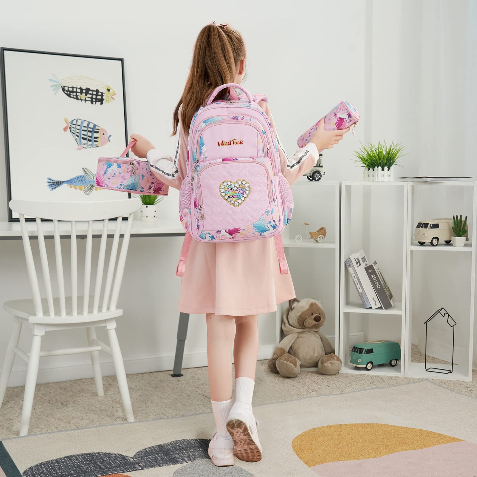 Windtook Kids School Backpack for Girls Elementary Student Bags with Insulated Lunch Bag Pencil Case 3 in 1 Bookbags