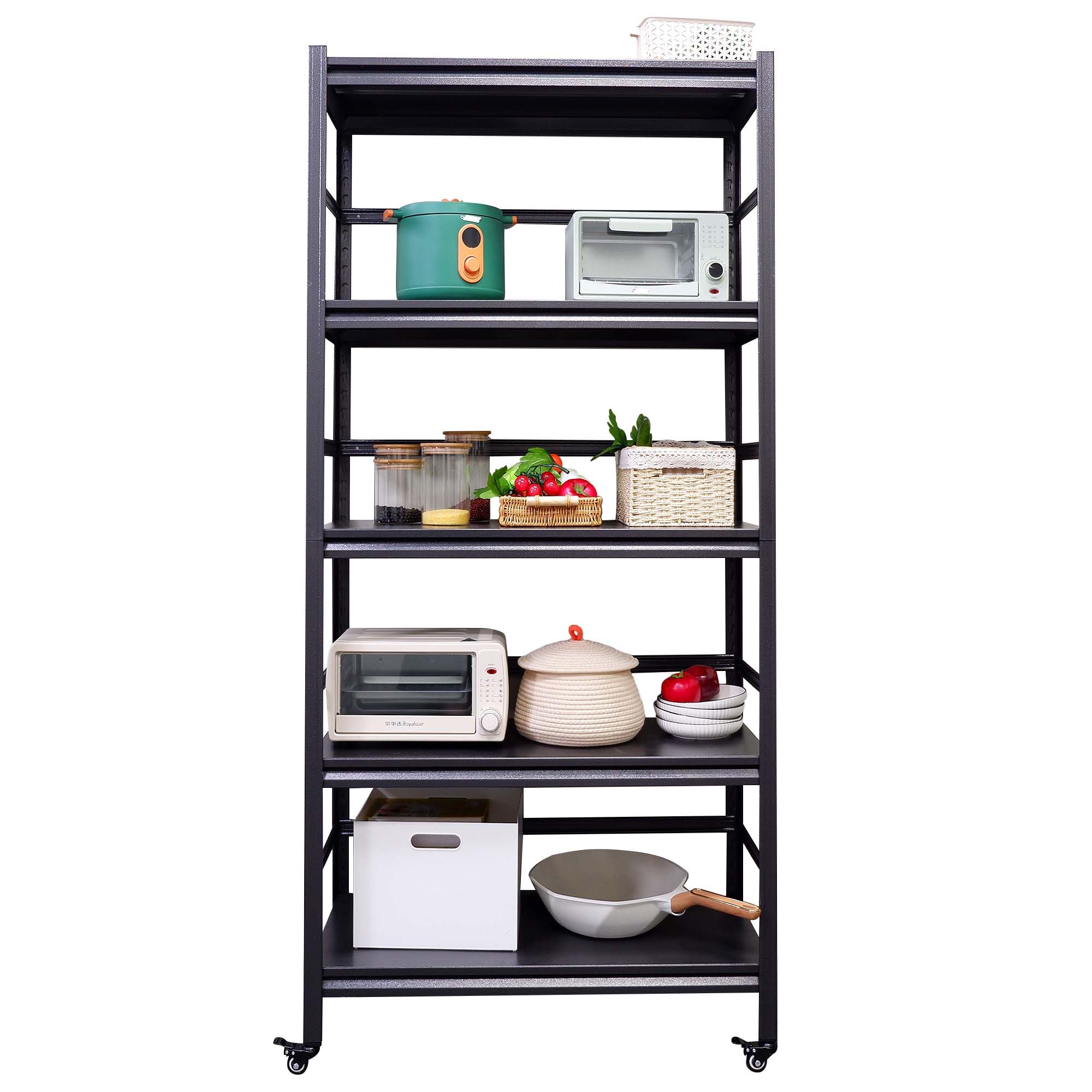STELSIPLIY 5-Tier Metal Storage Shelves with Wheels, Heavy Duty Metal Shelving Unit, Rolling Kitchen Adjustable Shelves for Kitchen, Bathroom, Garage, Pantry, Easy Assembly, Black