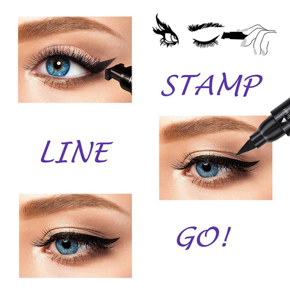 Winged Black Liquid Eyeliner Set - 4 PCs Dual Ended Matte Eye Liner Pen & Wing Stamp, Long Lasting and Smudge Proof Eye Makeup for Women