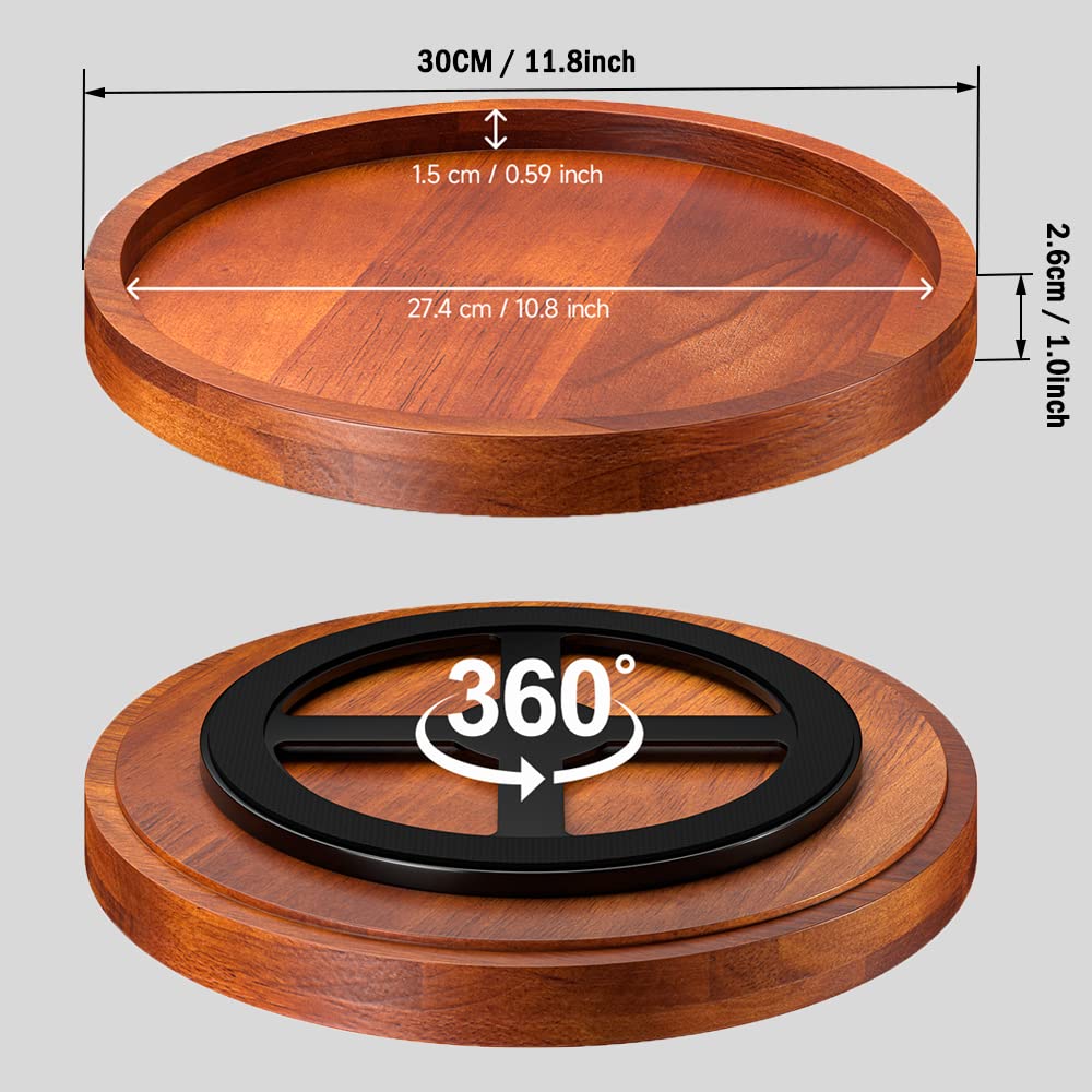 Turntable Vanity Tray 12 Inch, Makeup Organizer and Storage Trays for Counter, Wood Decorative Tray for Perfume Candle, Bathroom Sink Countertop Organizer, Brown