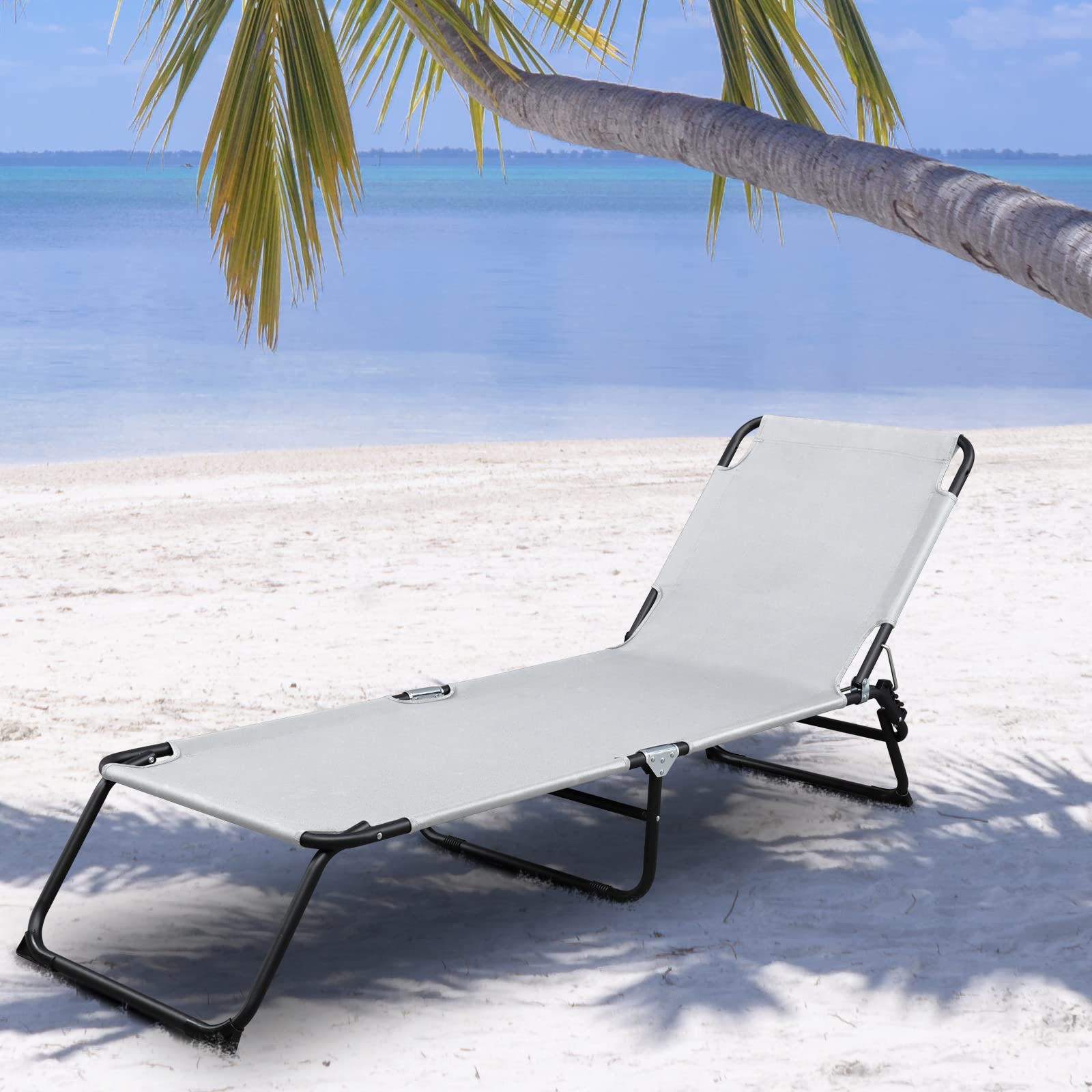 VINGLI Folding Chaise Lounge, Adjustable 4 Position Patio Chair Recliner, Sunbathing Chair for Beach Outdoor Pool Patio Deck (Grey, without Canopy)