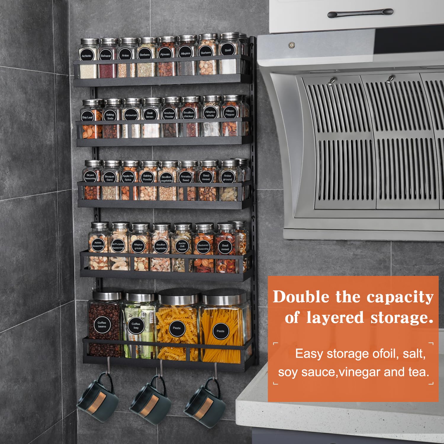 X-cosrack Wall Mount Spice Rack Organizer 5 Tier Height-Adjustable Hanging Spice Shelf Storage for Kitchen Pantry Cabinet Door, Dual-Use Seasoning Holder Rack with Hooks, Grey