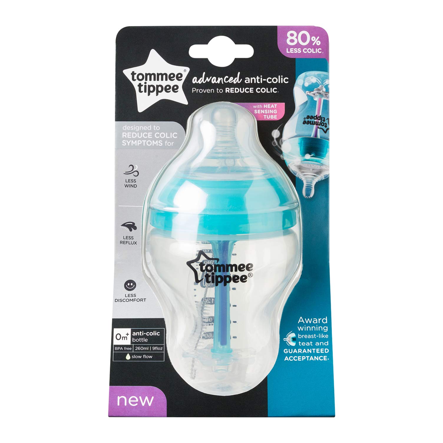 Tommee Tippee Advanced Anti-Colic Baby Bottle, Slow Flow Breast-Like Nipple, Heat-Sensing Technology, BPA-Free - 9 Ounce, 1 Count