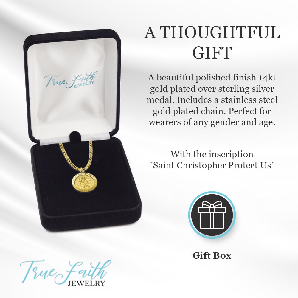 TrueFaithJewelry 14K Gold-Plated Sterling Silver Saint Christopher Medal Patron Saint Pendant Necklace Religious Jewelry, 3/4 Inch