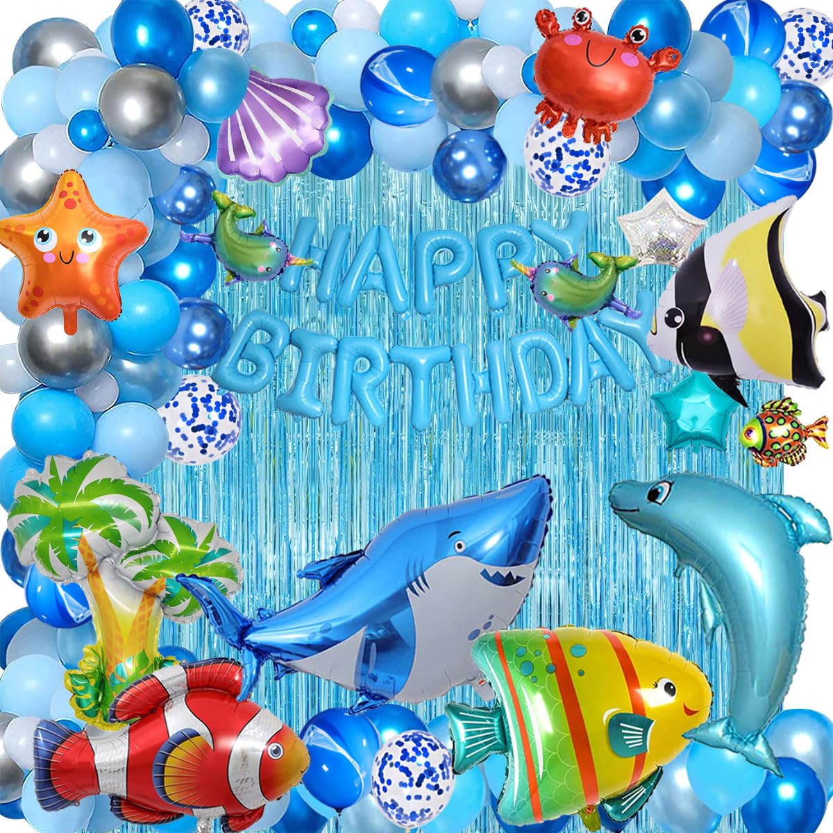 YinQin 176 PCS Ocean Blue Happy Birthday Party Balloons with Pump Under Sea Fish Birthday Balloons Decorations Baby Shark Happy Birthday Balloons Set Blue Sea Happy Birthday Party Supplies for Kid