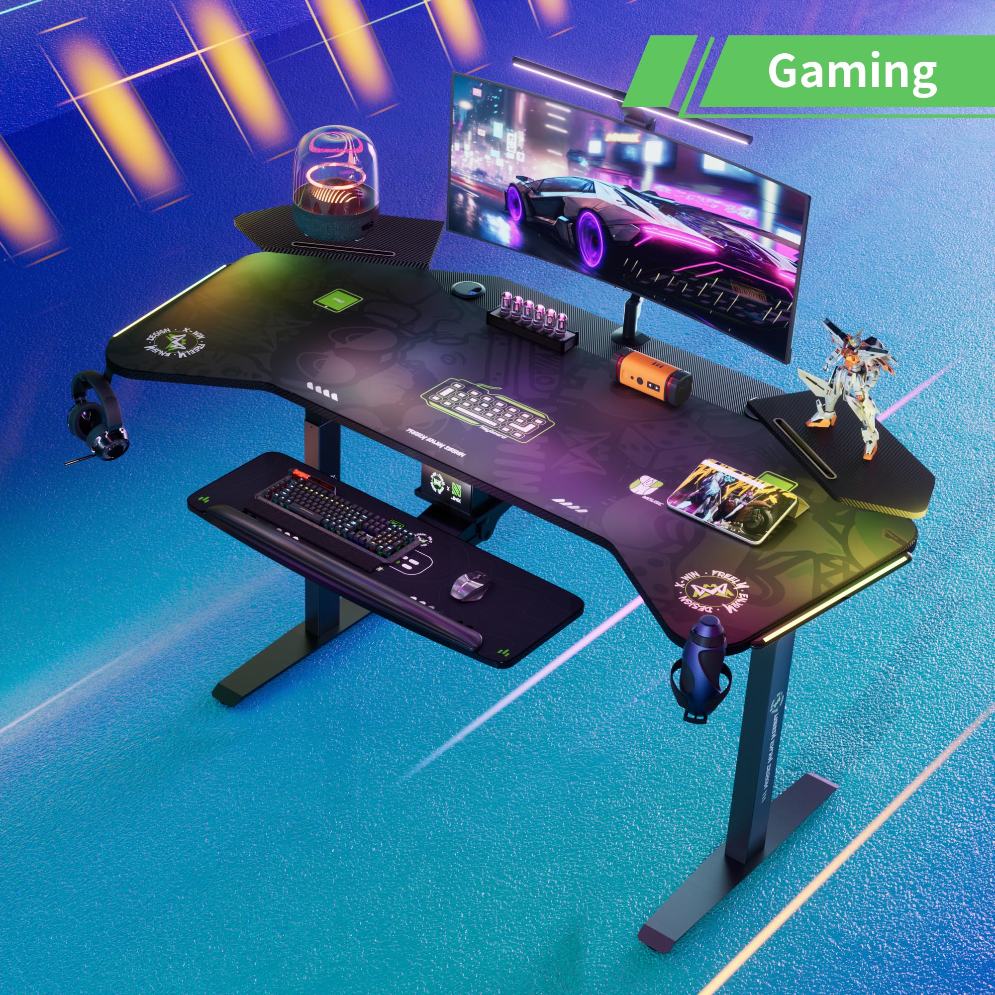 X-WIN 63" Standing Gaming Desk, Wing-Shaped Computer Desk with Full Coverage Mouse Pad, Electric Height Adjustable Standing Desk with RGB LED Lights and Slot Design Shelves for Home Office