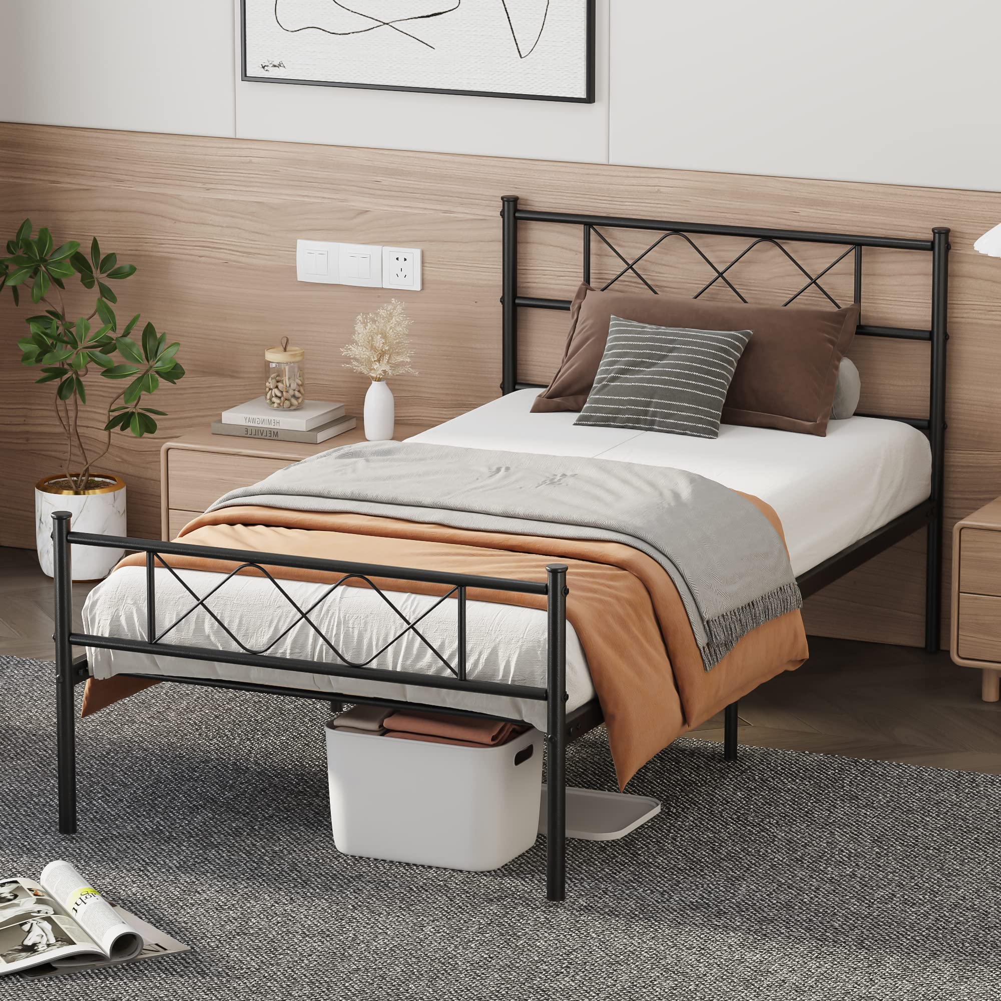 Weehom Metal Twin Bed Platform Frame Heavy Duty Steel Slat Under Bed Storage, Gold