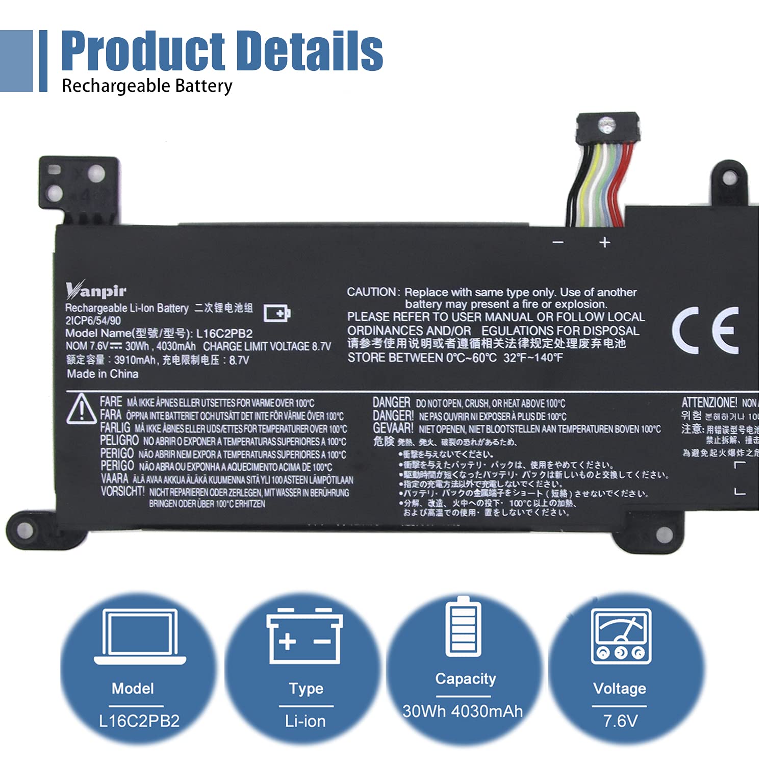 VANPIR L16C2PB2 Laptop Battery Compatible with Lenovo IdeaPad S145-14API/15API 320-14AST/14IAP/14IKB 320-15ABR/15AST/15IAP Series Notebook L16S2PB1 L16C2PB1 L17L2PF1 L17M2PB7 L16L2PB2 L16M2PB2