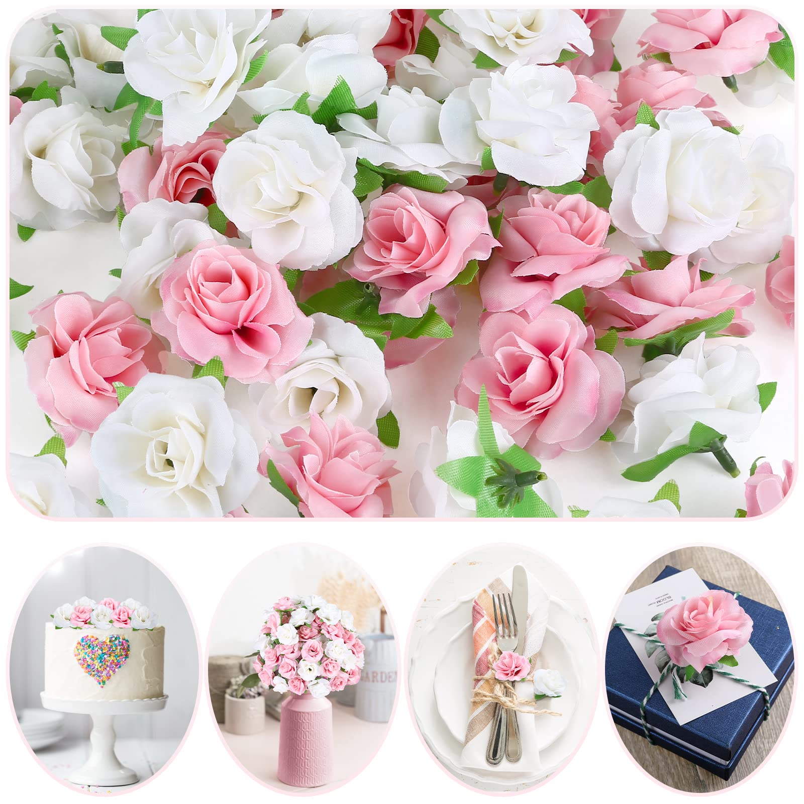 Yinsun 50pcs Mini Rose Artificial Flower Heads, 1.6β Real Looking Silk Rose for DIY Wedding Bouquets Bridal Shower Baby Shower Party Decoration (White and Pink)
