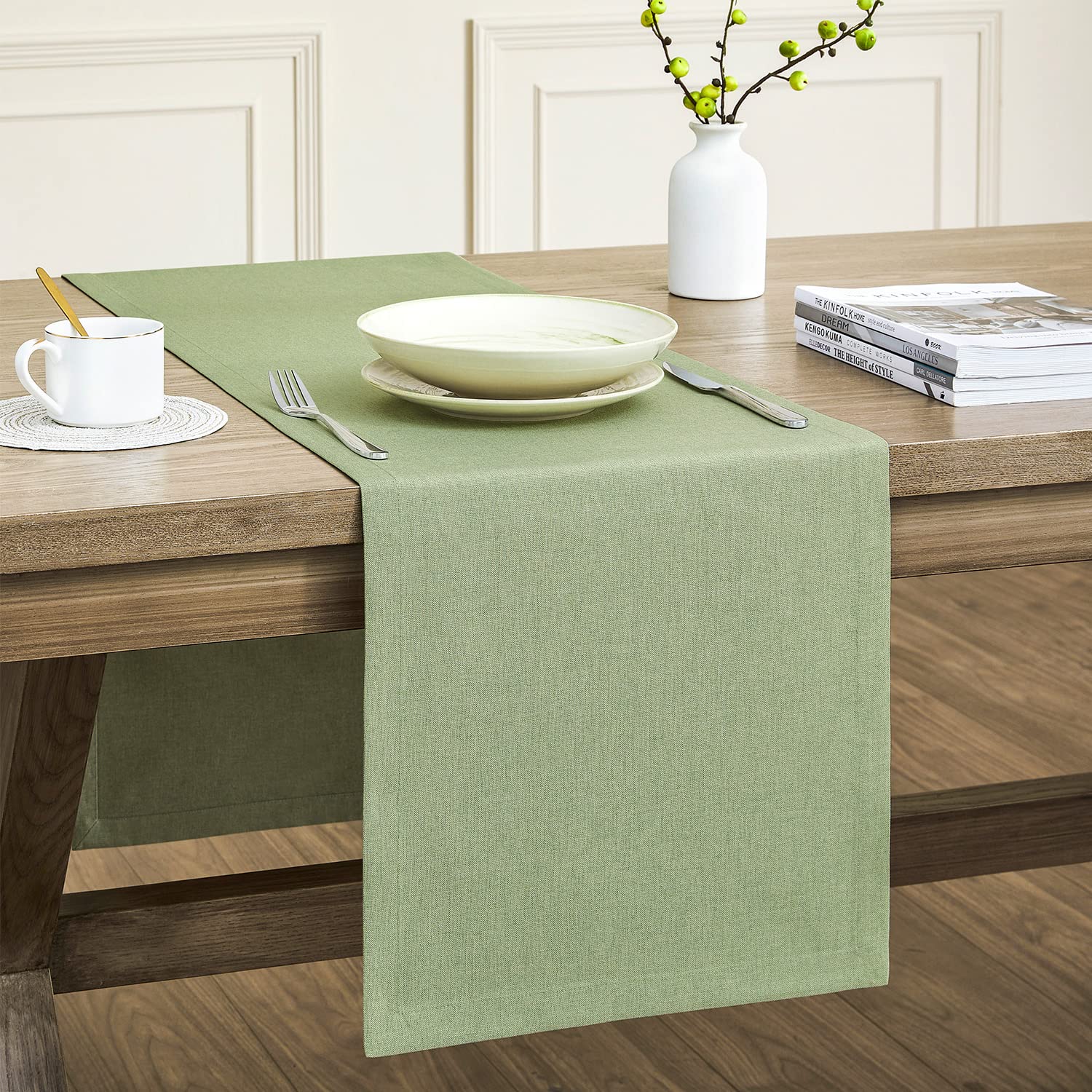 ZeeMart Basic Linen Style Table Runner, 14 x 72 Inch Sage Green, Rustic Farmhouse Green Table Runners 72 Inches Long, Everyday Polyester Table Runner - Machine Washable & Easy Care