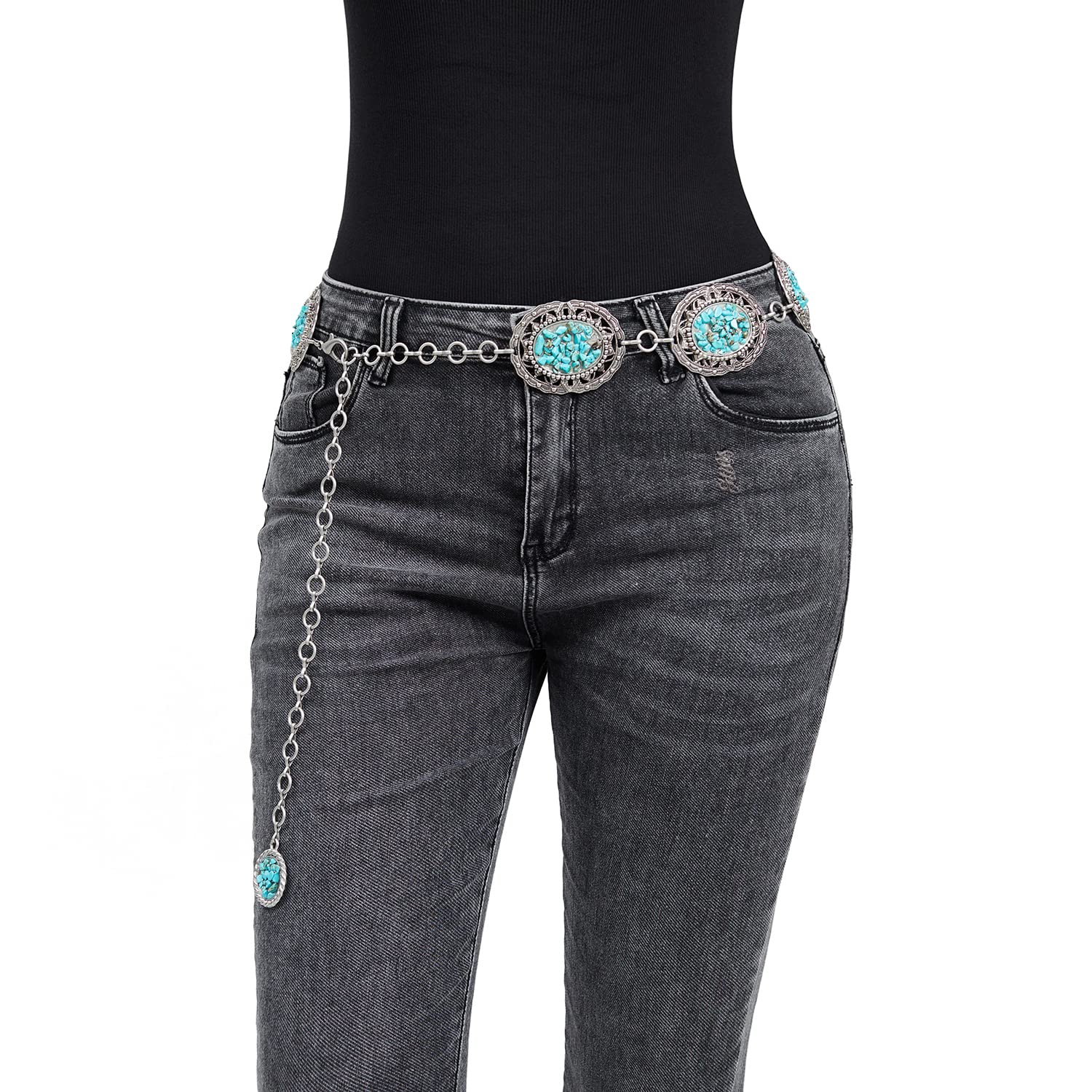Western Women’s Turquoise Concho Chain Belt, Metal Antique Silver Waist Chain Belt for Ladies (Turquoise), Medium/45.5 Inch
