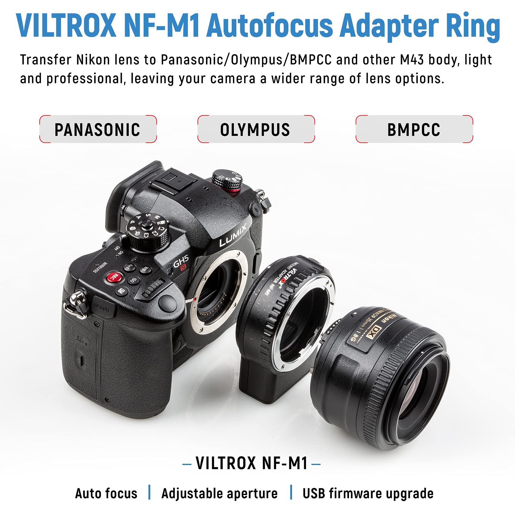 VILTROX NF-M1 Auto Focus Lens Converter Ring, Camera Lens Mount Adapter Compatible with Nikon F-Mount AF AF-S AF-P AF-I Lens to M4/3 Mount Camera(Olympus/BMPCC)