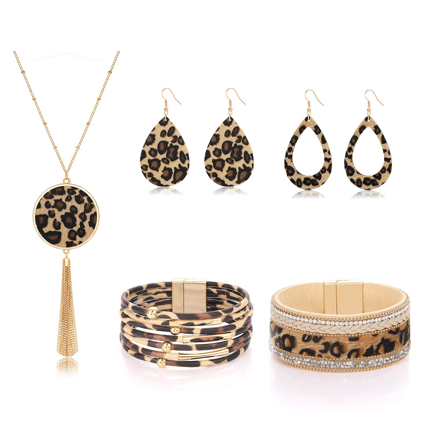 ZOLEAROPY Statement Leopard Jewelry Set For Women Multi Leopard Leather Wrap Bracelet Teardrop Leather Earrings Long Tassel Round Pendant Necklace Set