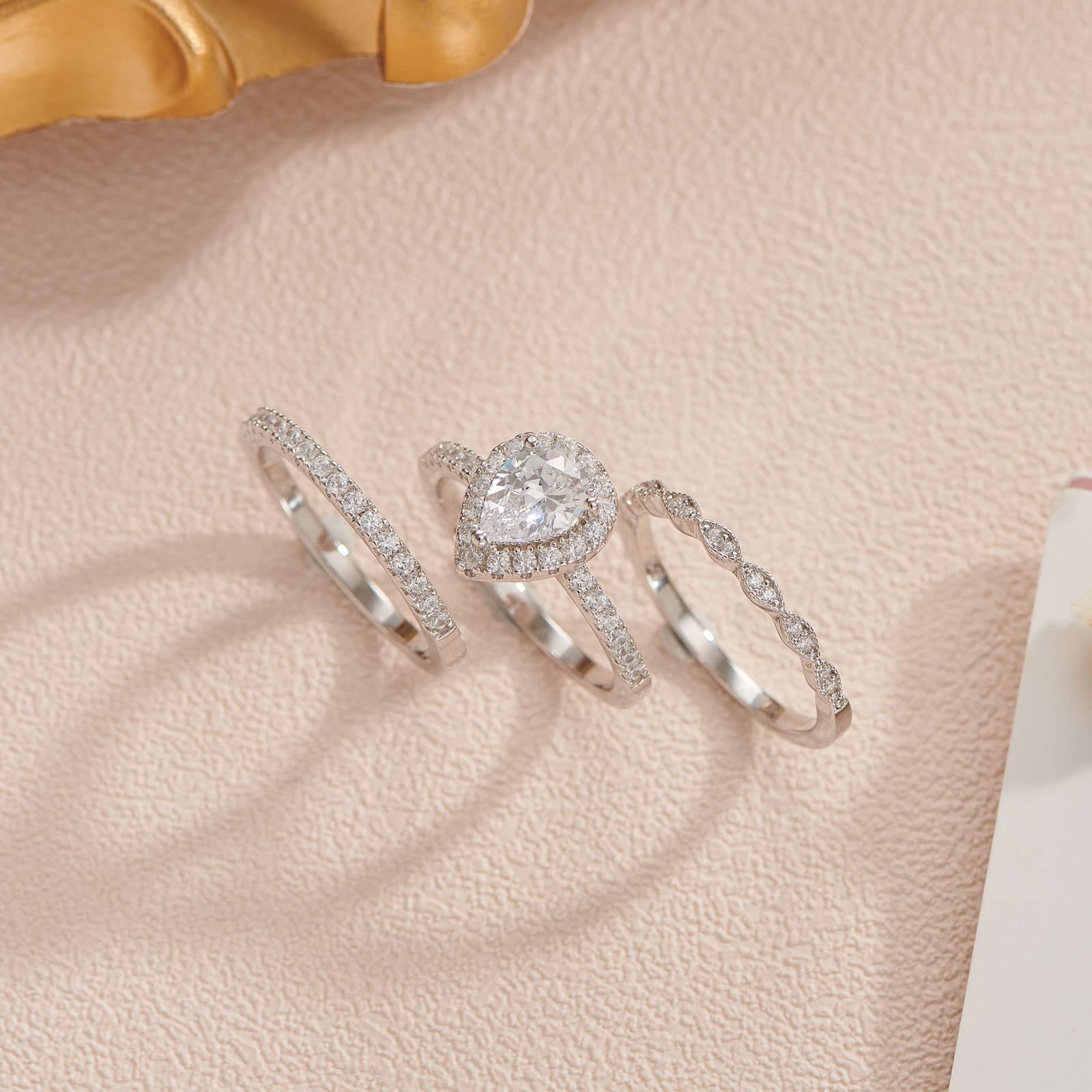 Wuziwen Halo Pear Cut Wedding Ring Set CZ Engagement Rings for Women 925 Sterling Silver Size 6