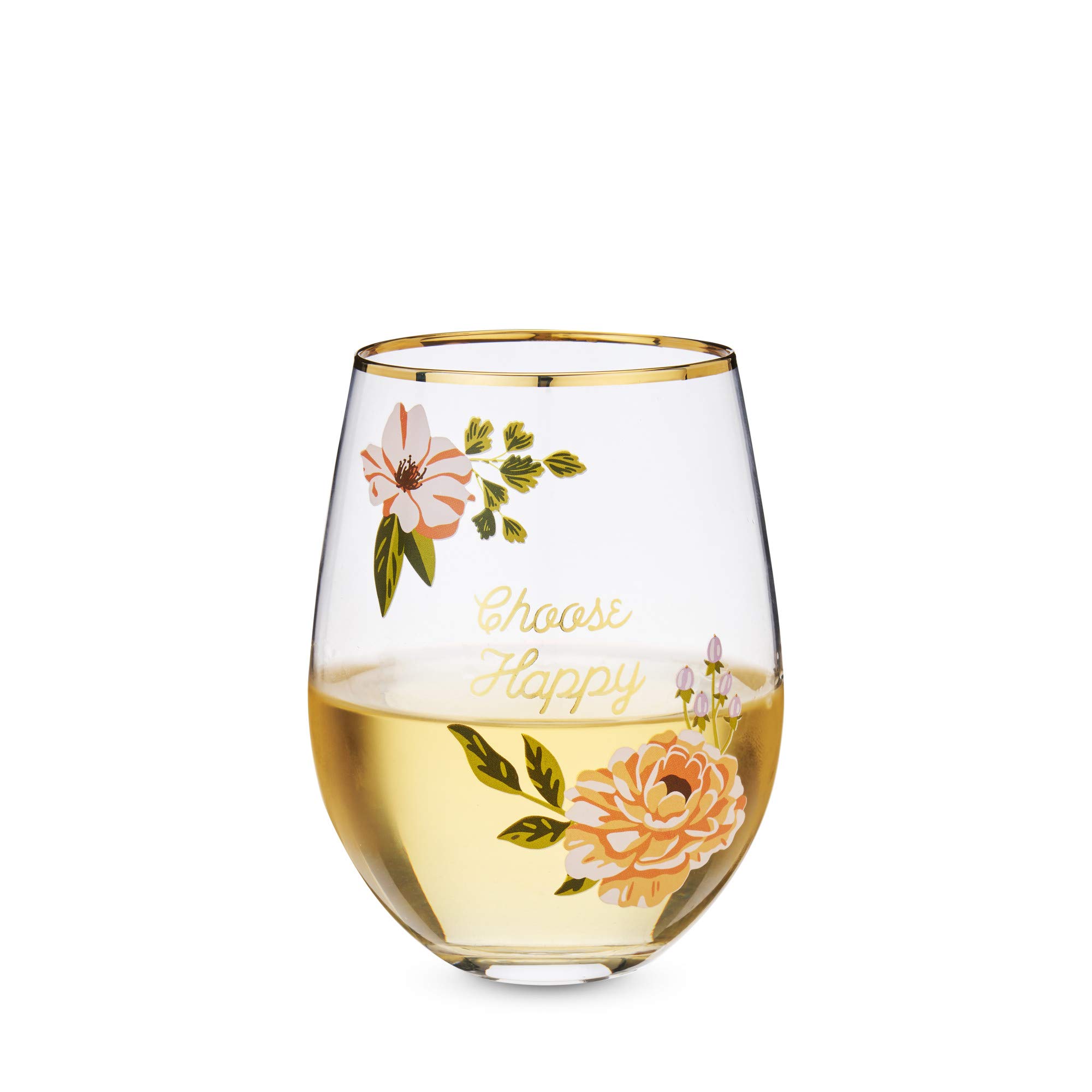 Twine Choose Happy Stemless Wine Glass, Perfect for Red or White Wine, Floral Glassware Gift with Gold Rim, 16 Oz, Set of 1