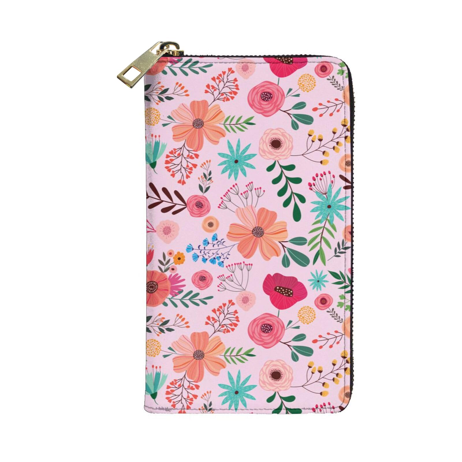 Women's Leather Pink Floral Wallet RFID Blocking Credit Card Holder Zipper Purse