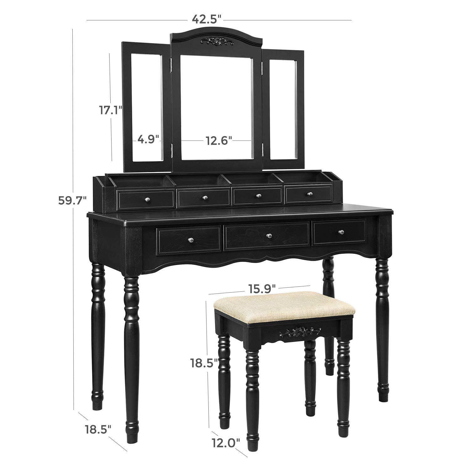VASAGLE Vanity Makeup Set with 7 Drawers, 2 Brush Slots and 4 Open Compartments, Dressing Table with Tri-Fold Necklace Hooked Mirror, Solid Wood Legs, Cushioned Stool, Black URDT06BK
