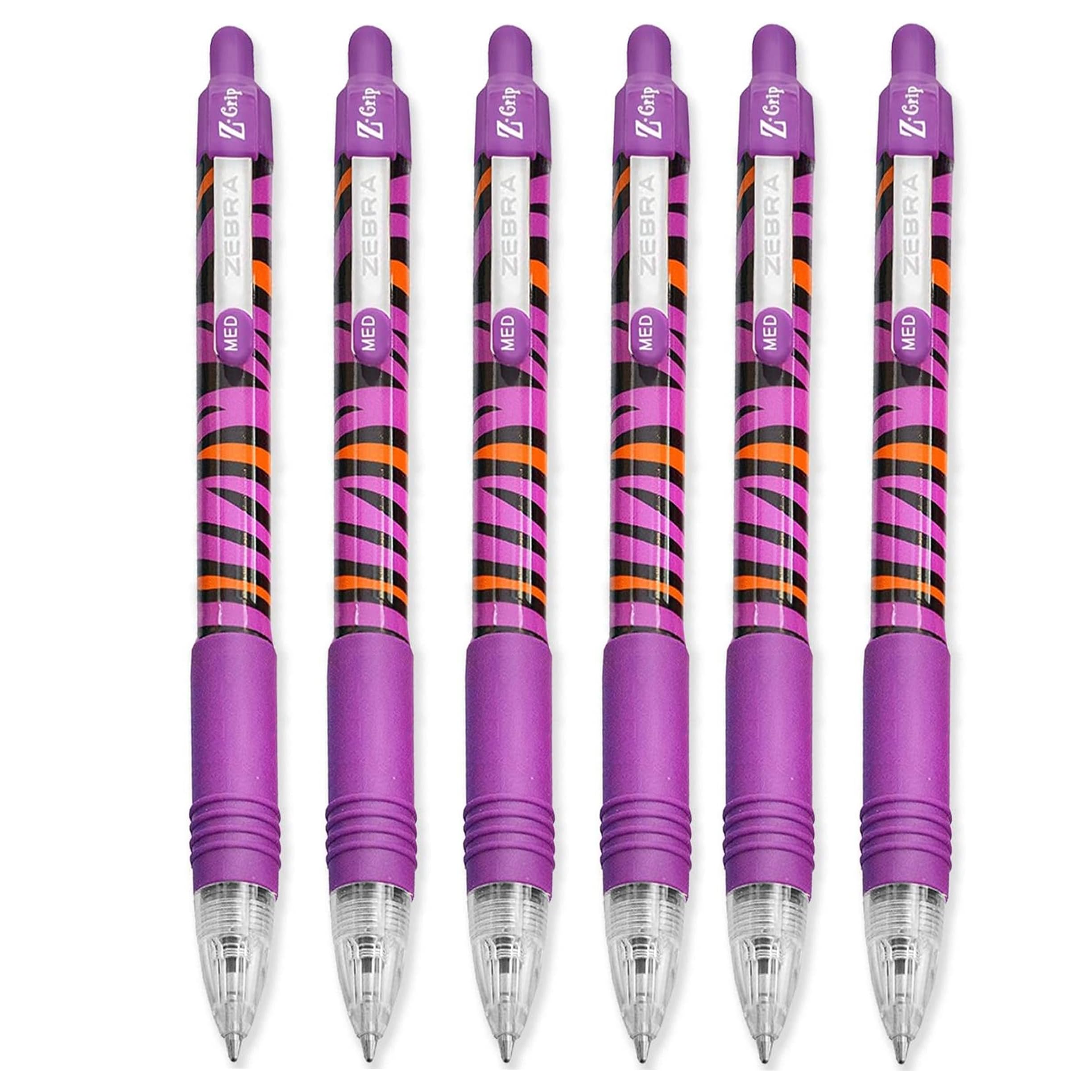Zebra Z-Grip Funky Brights - Animal Pattern Retractable Ballpoint Pen - Purple Tiger Barrel - Pack of 6