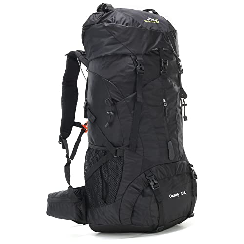WintMing 75L Hiking Backpack with Rain Cover Waterproof Camping Backpack Shoes Warehouse for Men Women, Frameless (black)