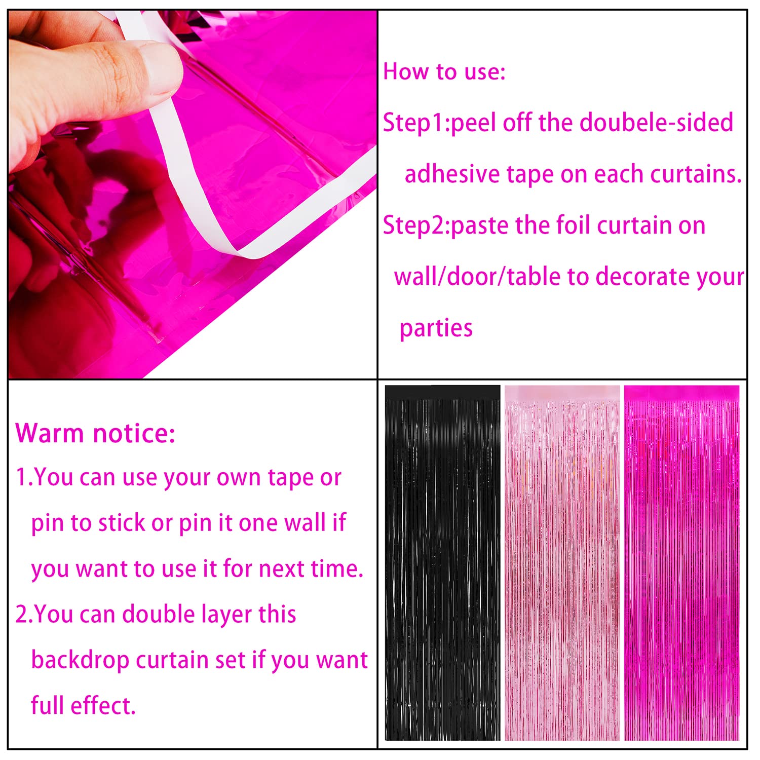 WIQEDOHA 3 Pack Foil Curtains-8x9.84 Ft Rose Red Pink and Black Fringe Metallic Backdrop Curtain for Minie Mouse Themed Baby Shower Birthday Nursery Party Decorations