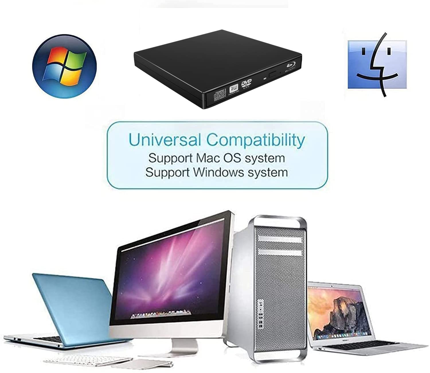 VSVABEFV External USB Blu Ray Drive, Ultra-Slim BD/CD/DVD-ROM CD/DVD-RW Blu Ray Burner Player Rewriter for Laptop/MacBook/Desktop, Portable Blu-Ray Drive Compatible with Windows XP/7/8/10/X MacOS