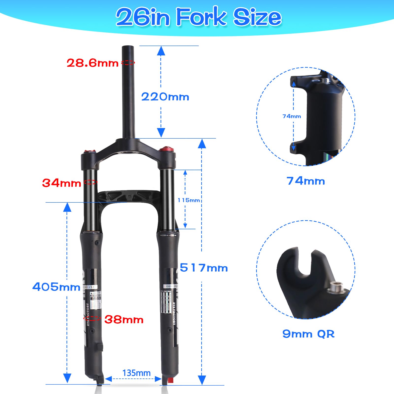 ZTZ 26 * 4.0 inch Fat Tire MTB Air Suspension Fork - Ultralight Rebound Adjustment Front Fork,120mm Travel, 135mm Spacing Hub,9mm QR,Crown Lockout, Ideal for Snow Beach XC Mountain Bikes